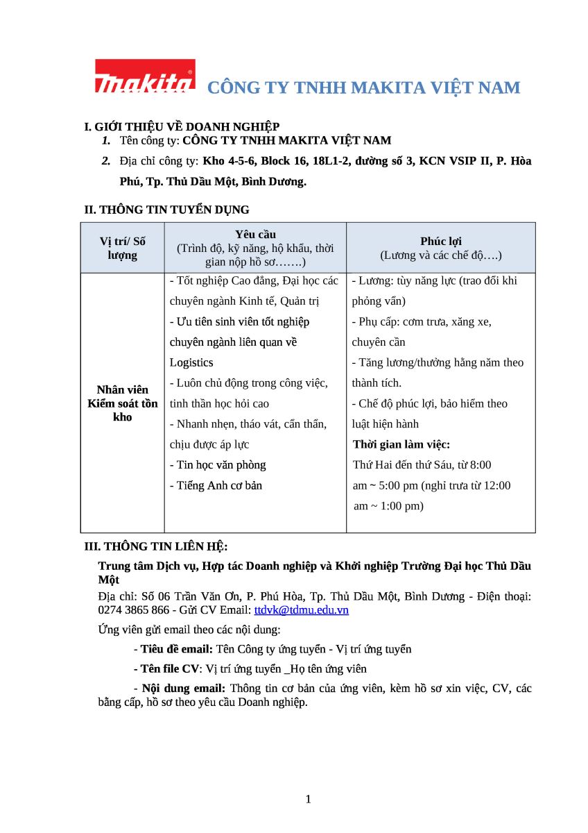 Trung tâm Dịch vụ, Hợp tác Doanh nghiệp và Khởi Nghiệp - Tuyển dụng việc làmNhân viên Kiểm soát ...